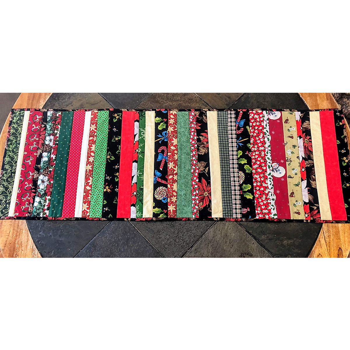 Quilted Holiday Table Runner, Jelly Roll Stripes, Rectangular, Reversible, Poinsettia Fabric, Christmas Decor, 100% Cotton