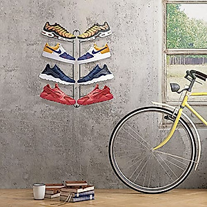 mDesign Modern Metal Shoe Organizer Display & Storage Shelf Rack - Hang & Store Your Collection of Kicks, Running, Basketball, Trainers, Tennis Shoes, Holds 16 Shoes, Wall Mount; 2 Pack- Graphite Gray