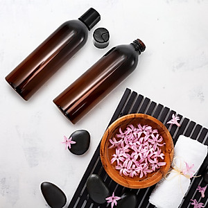 Bekith 16 Pack 8 ounce Amber Empty Plastic Bottles with Disc Top Flip Cap; BPA-Free Refillable Containers For Shampoo, Lotions, Liquid Body Soap, Creams