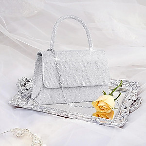 Larcenciel Women's Evening Handbags, Glitter Top Handle Evening Purse w/Chain, Silver Ladies Sequins Shoulder Crossbody Bag, Chic Guest Clutch for Party Prom Wedding Cocktail Club Dating,7.9x2.2x5.3in