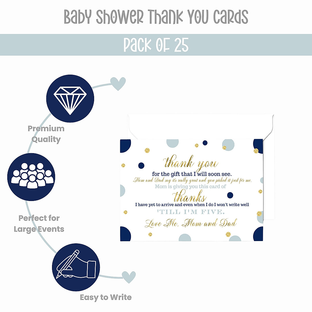 Paper Clever Party 25 Navy and Gold Baby Thank You Cards Pack – Boys Baby Shower Notes with Envelopes, Prefilled Message, Customizable Blank Stationery, New Parents Gift Ideas