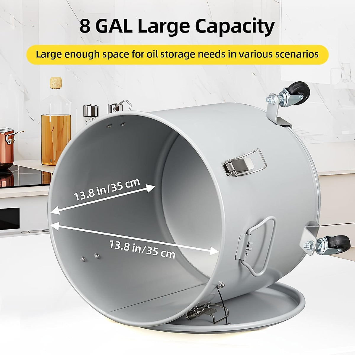 8 Gallon Fryer Grease Bucket Oil Disposal Caddy, Steel Fryer Oil Transport Container w/Rust-Proof Coating, Fry Oil Disposal Bucket w/Safety Lid & Lock Clips & Filter Bag for Cooking Restaurant