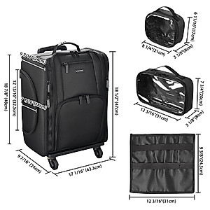 BYOOTIQUE Rolling Makeup Train Case Soft Sided Makeup Storage Cosmetic Organizer Carry on Travel Trolley Suitcase with Heat Isolation Side Pocket 6 Removable Bag for Makeup Artist Hairstylist, Black