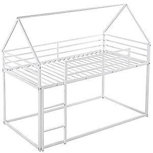 Harper & Bright Designs Twin Over Twin House Bunk Bed with Built-in Ladder, Metal Low Bunk Bed for Kids Girls Boys - White