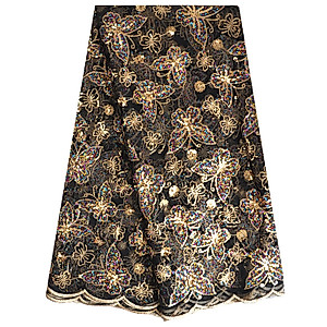 SanVera17 African Fabric Sequins Rope Embroidered Net Fabrics Butterfly Battern Base Fabric Color (Black) for Party Dress 5 Yards