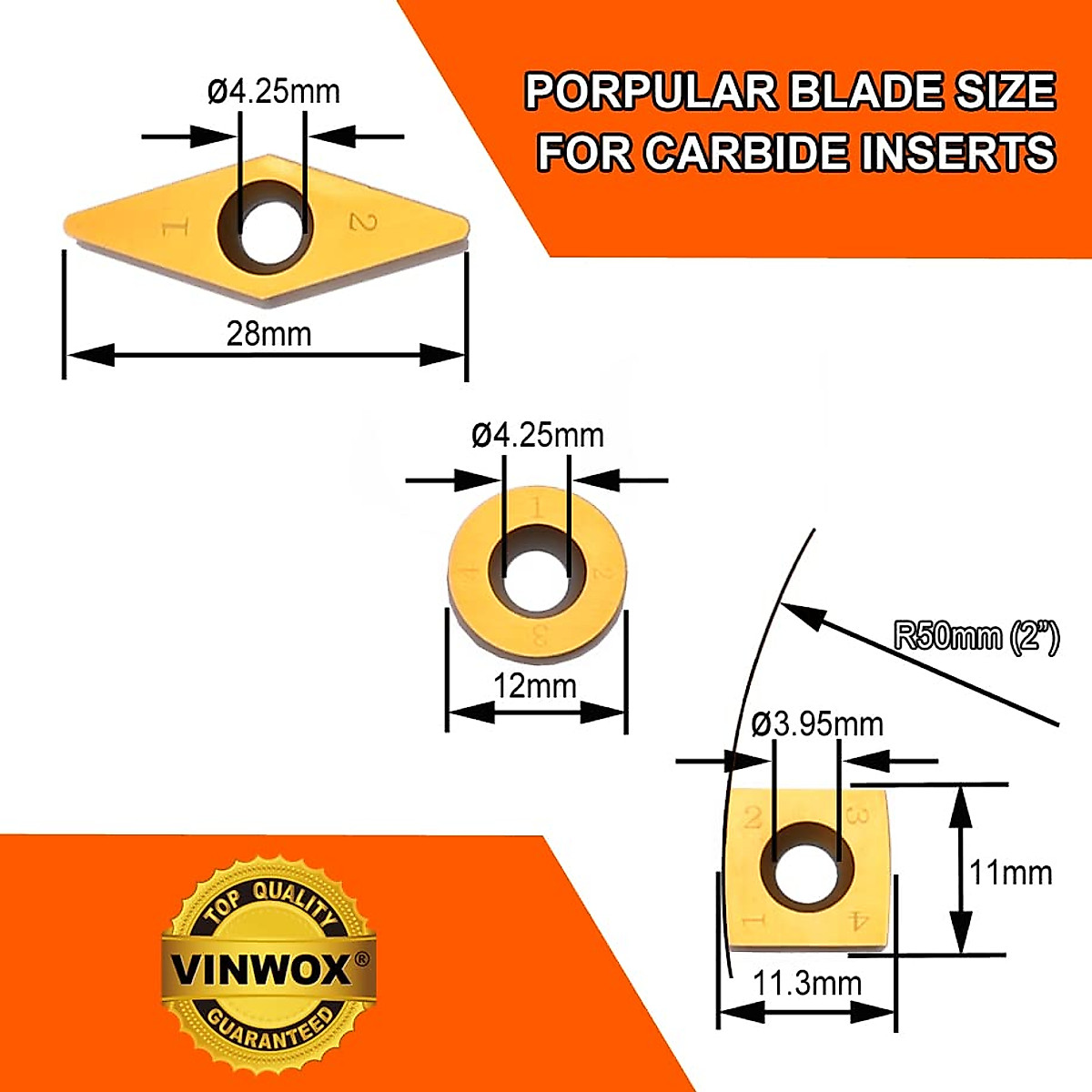 TITANIUM Coated Replacement Wood Turning Carbide Tip Set for VINWOX 3 PCS & 4 PCS Carbide Turning Tool Set, 2 of each Finisher, Detailer, 4 of 2" Straight/Radius Combo, Pack of 8