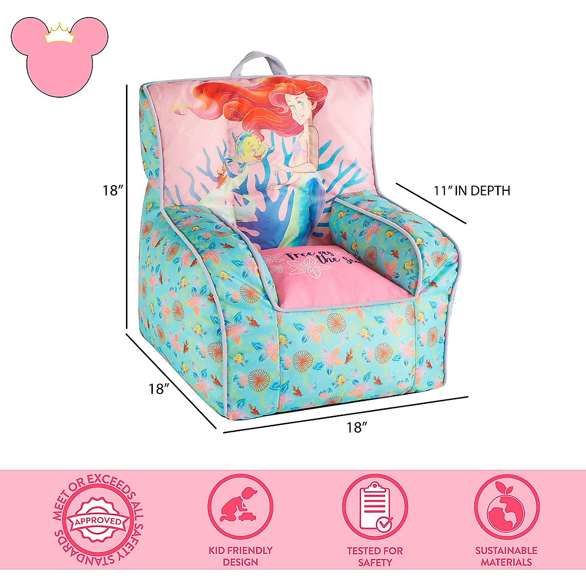 Idea Nuova Disney Little Mermaid Kids and Toddler Canvas Bean Bag Chair with Piping & Top Carry Handle