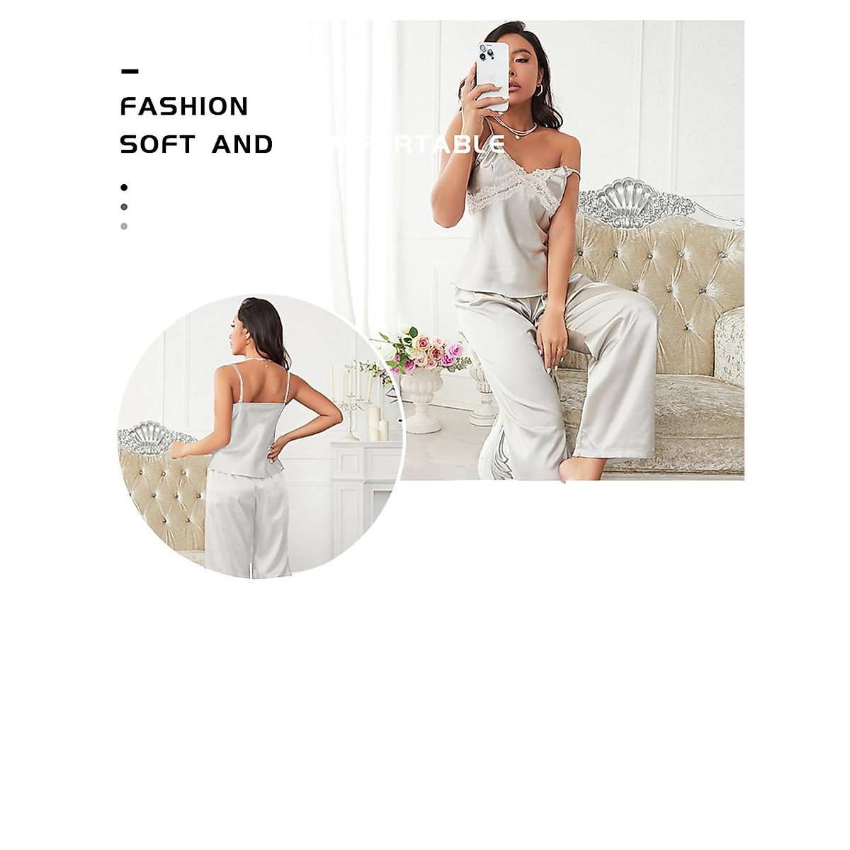 LYANER Women's Satin Silk Pajamas Set V Neck lace Trim Cami Top and Pants Sleepwear Pjs Set White Large