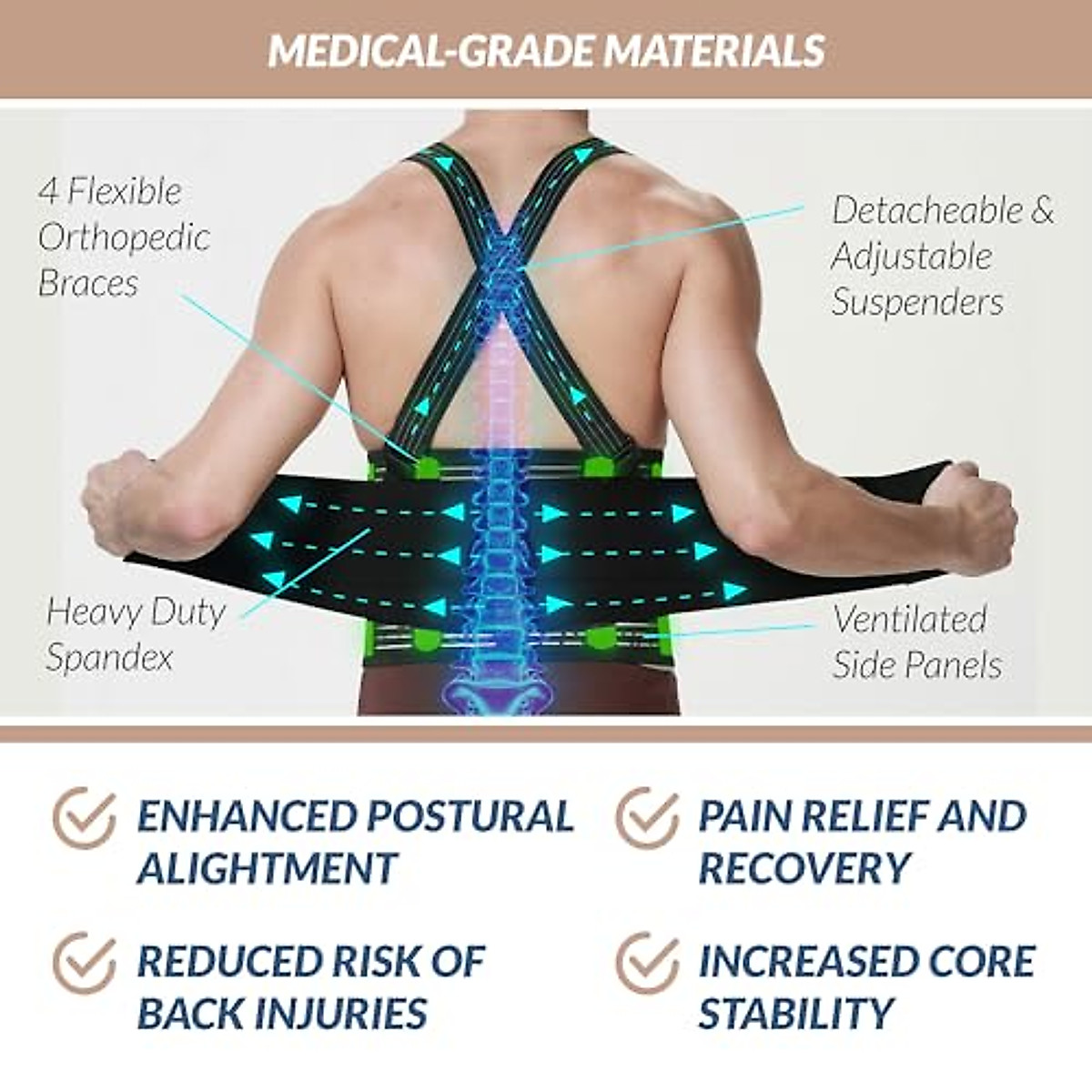 NeoTech Care Adjustable Back Brace Lumbar Support Belt with Suspenders, Charcoal Color, Size XL