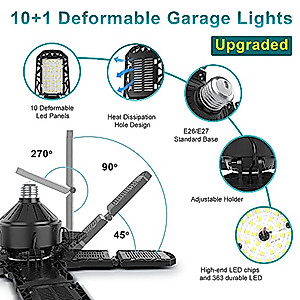 2-Pack Led Garage Light 180W, 18000LM LED Garage Ceiling Lighting with E26/E27 Medium Base, 6000K Deformable LED Shop Light with 10+1 Adjustable Panels Lights for Garage, Workshop, Attic, Basement