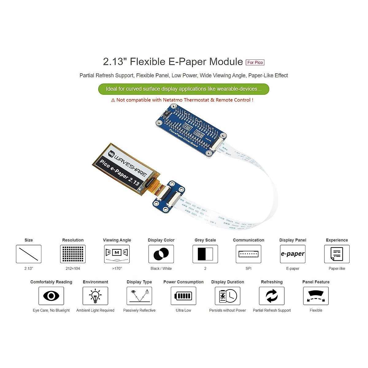 Waveshare 2.13inch Flexible E-Paper E-Ink Display Module for Raspberry Pi Pico 212×104 Pixels Black/White SPI Interface