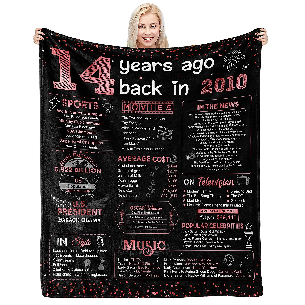 YDHCTKYG 14 Year Old Girl Gift Ideas 14th Birthday Decorations for Girls Happy Birthday Gifts for Teen Girls Daughter Sister Flannel Fleece Throw Blanket Back in 2010-60x50 Inch - Rose Gold