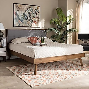 Baxton Studio Alke Mid-Century Modern Light Grey Fabric Upholstered Walnut Brown Finished Wood Full Size Platform Bed