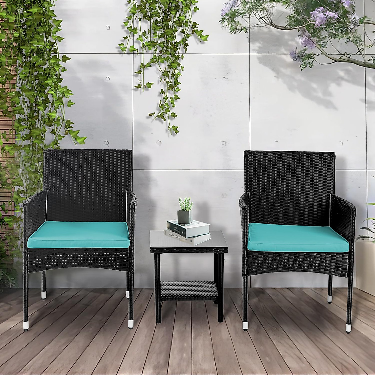 PayLessHere Set of 3 Outdoor Furniture Set Heavy Duty Patio Furniture Set Sturdy Conversation Set with 2 Rattan Chairs Glass Top Coffee Table Seat Cushions for Coffee Bar Poolside Patio Outdoor, Blue