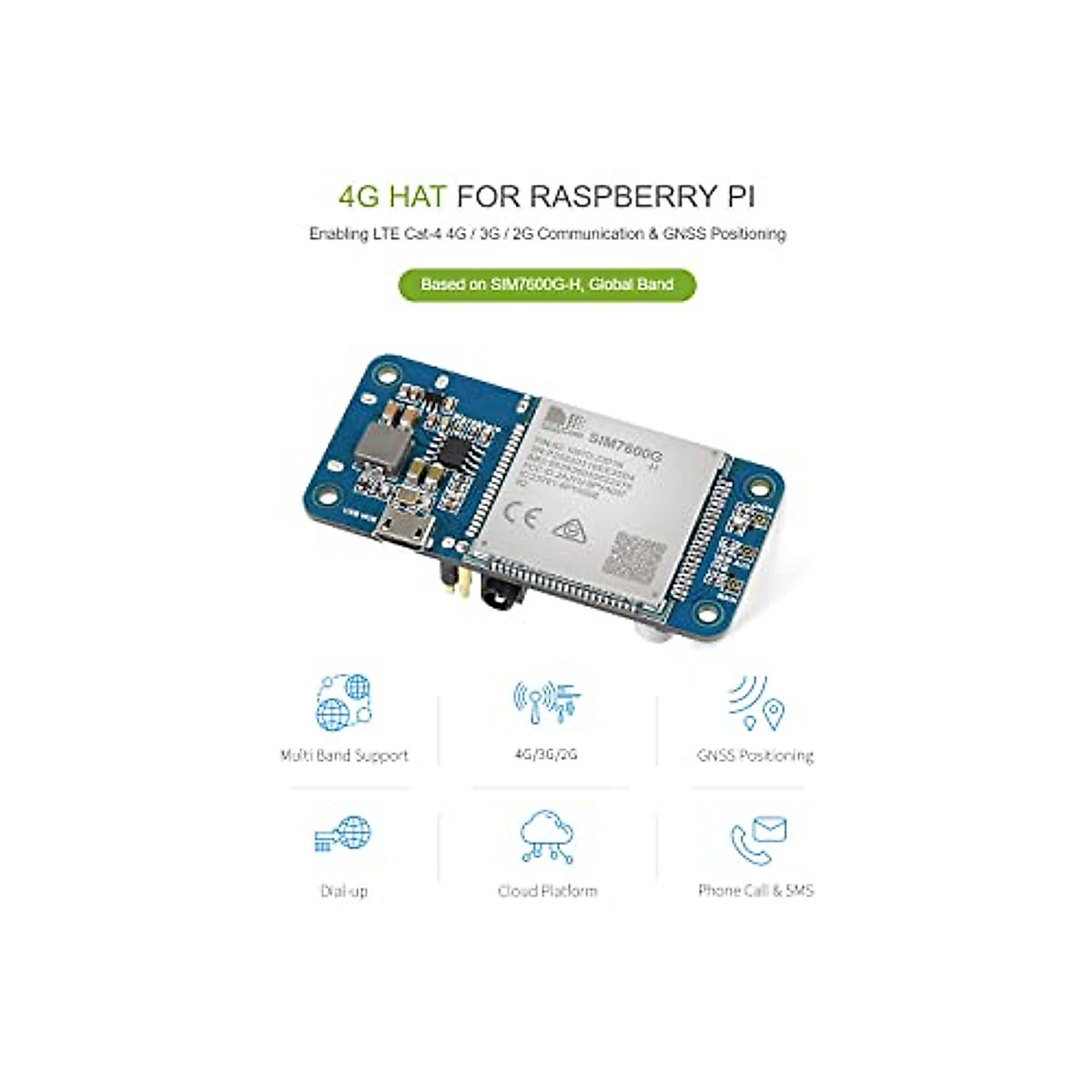 Waveshare SIM7600G-H 4G HAT (B) for Raspberry Pi Supports LTE Cat-4 4G/3G/2G GNSS Positioning Global Band