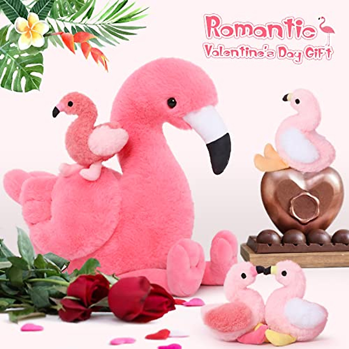 MorisMos Plush Flamingo Stuffed Animal-18 Inch Mommy Stuffed Flamingo with 4 Baby Flamingo Plush Toys Inside Zipper Tummy, Pink Flamingo Toy Gift for Girl Women Decor Birthday Christmas Valentines