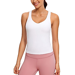 CRZ YOGA Butterluxe Womens V Neck Workout Tank Tops with Built in Bras - Sleeveless Padded Racerback Yoga Athletic Camisole White Small