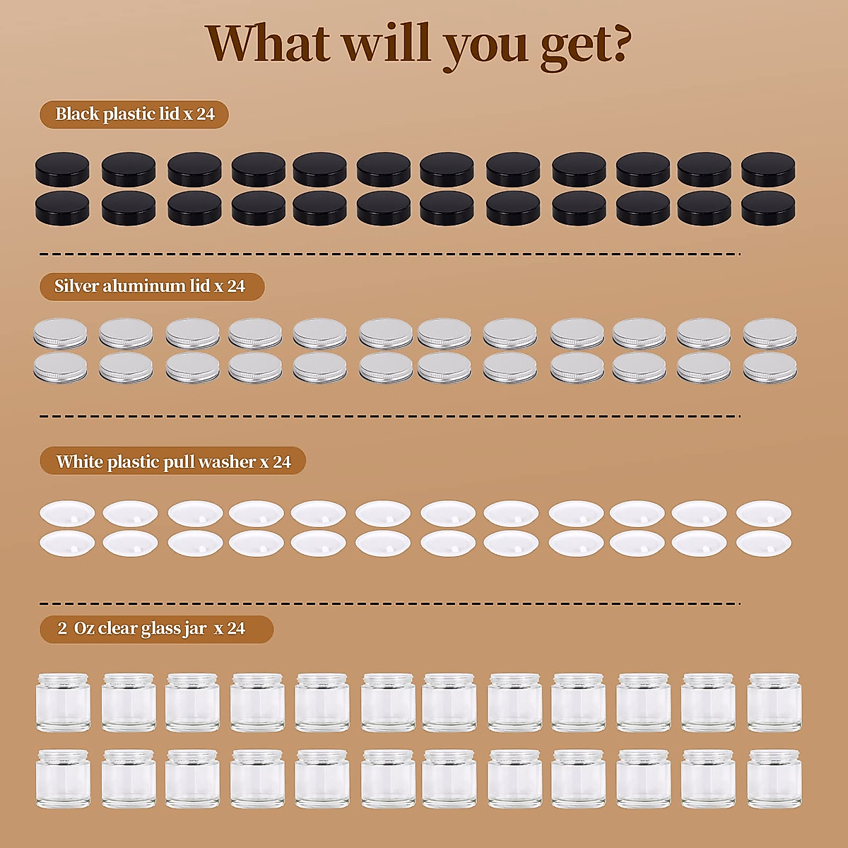 2 oz Clear Round Glass Jars (24 Pack), Empty Cosmetic Containers with Inner Liners and 24 black Lids & 24 Silver Lids for Slime, Beauty Products, Cosmetic, Lotion, Ointments and DIY