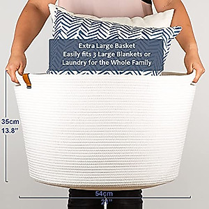 DENJA & CO Extra Large Blanket Basket for Living Room - White Farmhouse Woven Baskets for Storage | Cotton Rope Large Baskets for Blankets, Pillows, Toys, or Laundry | Ivory White (21" Wide x 13.8" Tall)