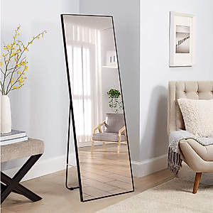 A.T.Lums Floor Mirror, 65" x 22" Full Length Mirror, Rectangle Stainless Steel Metal Frame with Stand, Modern Wall Mounted Mirror, Free Standing or Wall Mounted or Leaning Against Wall, Black
