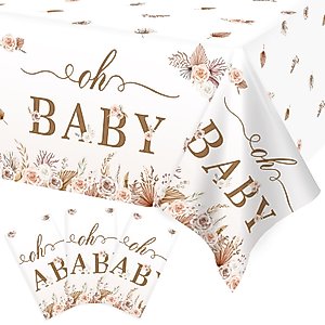Lopeastar 3Pcs Boho Baby Shower Decorations Tablecloths, Bohemian Pampas Grass Floral Oh Baby Table Cloths, 58 x 108 Inch Large Rectangular Boho Table Covers Party Supplies for Girls Kids