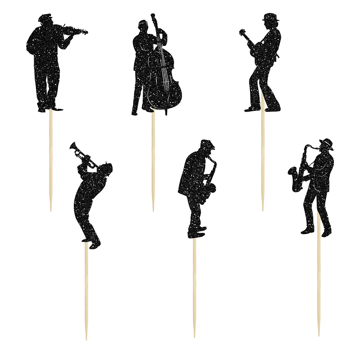 Gyufise 24Pcs Musician Cupcake Toppers Glitter Saxophone Silhouette Music Play Note Cupcake Picks Music Concert Cake Decorations for Wedding Engagement Bridal Shower Birthday Party Supplies Black