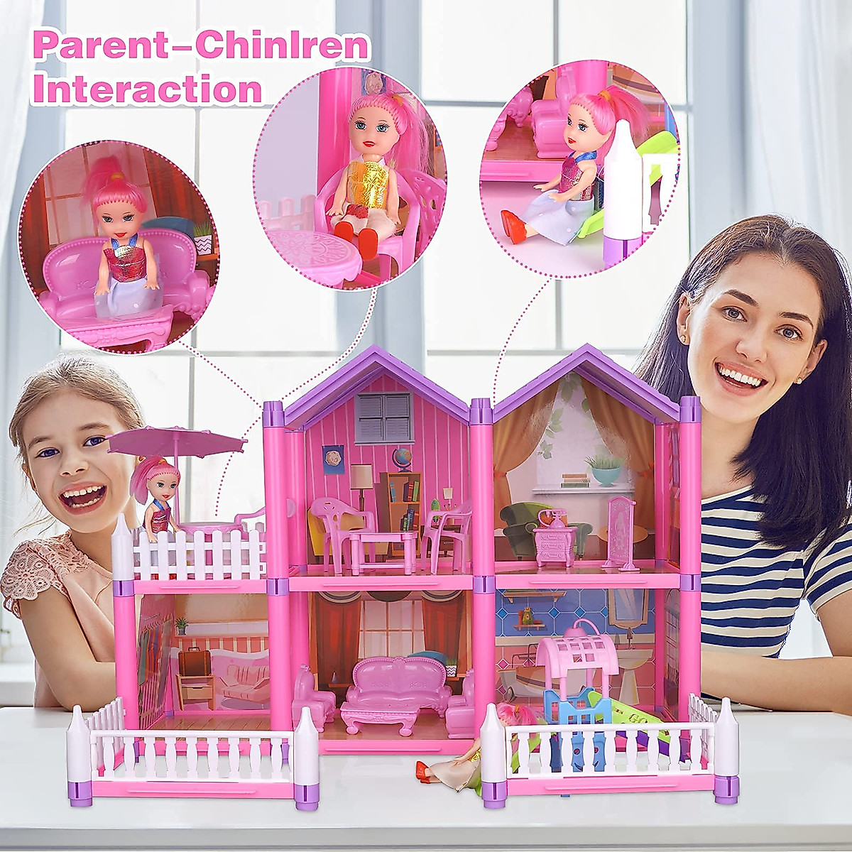 Dollhouse Toy House with Accessories and Furniture, Kids Dollhouses for Girls DIY Doll House Kits with 126 Little Pieces,Dreamhouse Gift for 3 4 5 6 Years Old Toddler Girls (5 Rooms and 1 Balcony)