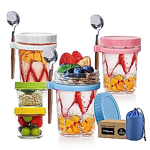 TTrpuon Overnight oats containers with lids glass and spoon,glass jars with lids, cereal cups to go, Breakfast On the Go Cups, Cups Set of 5