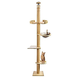 HOPERAN Floor-to-Ceiling Cat Tree (Adjustable Height: 100.3" - 106.3") 4-Layer Cat Climbing Tower with Hammock, Fence Springboard, Space Capsule, Fence Lookout, Natural Sisal Rope Scratching Posts