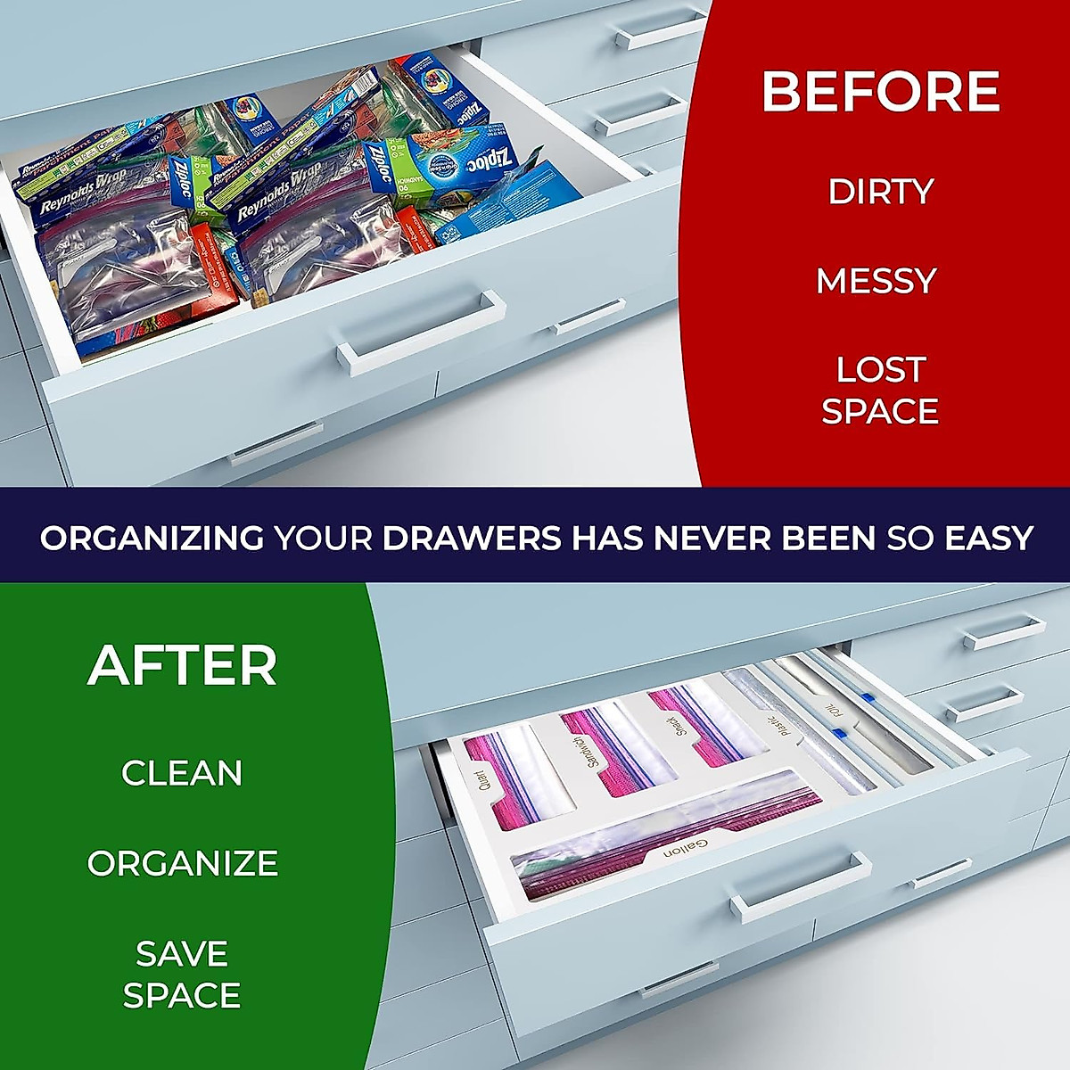 Forever Home 6 IN 1 Ziplock Bag Organizer, Bamboo Foil & Plastic Wrap Organizer for Kitchen Drawer - Compatible with Ziplock Gallon, Quart, Sandwich, Snack, Aluminum Foil etc - White