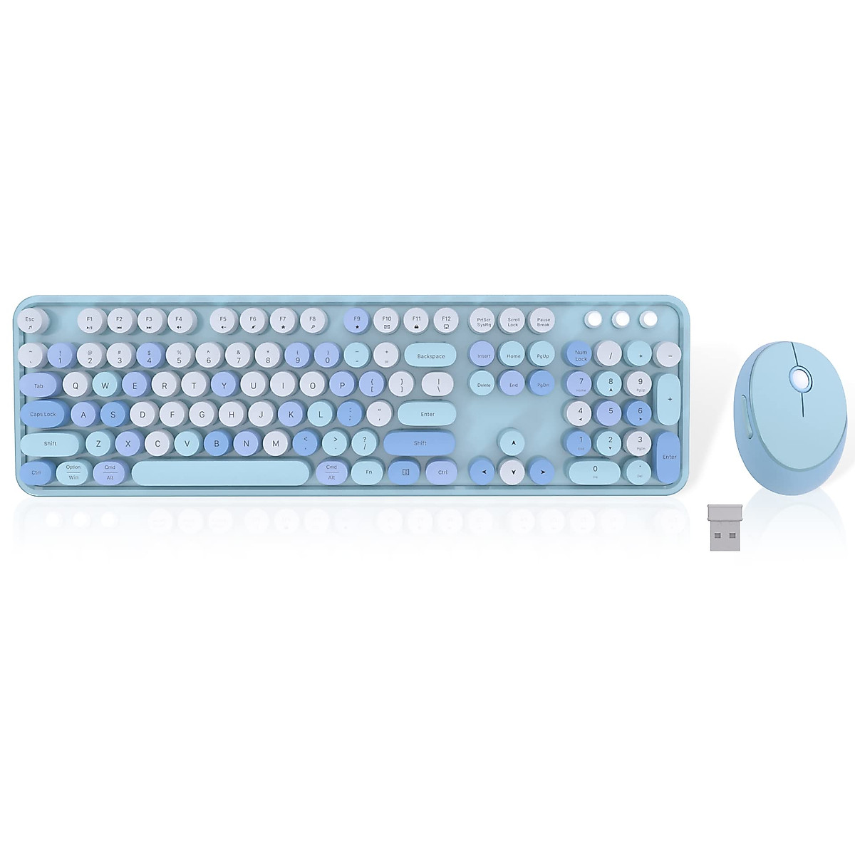 MoMoOne Wireless Computer Keyboards Mouse Combos Set, Colored Retro Round Keycaps, Colorful QWERTY Typewriter Full Size Keyboards, 2.4GHz USB Receiver Connection(Blue-Colorful)