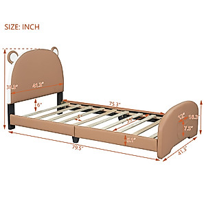 Cute Twin Size PU Leather Upholstered Platform Bed with Bear-Shaped Headboard and Footboard for Kids Boys Girls (Twin, Brown+White@Bear-Shaped)
