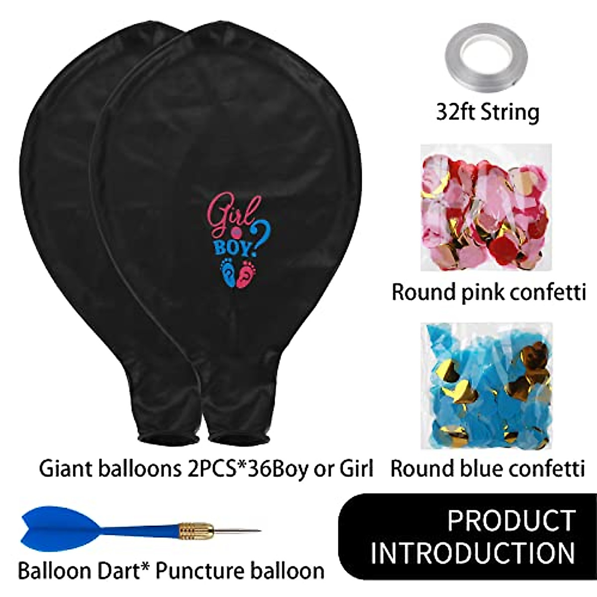 2 Pieces Gender Reveal Balloon with Confetti and Darts, 36inch Large Confetti Balloons Boy or Girl Black Balloons with Ribbons for Party Supplies Gender Reveal Decorations