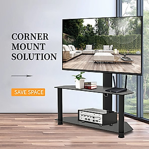Afaloona Swivel Universal Corner TV Floor Stand with 2 Tier Storage Tempered Glass Shelves and Height Adjustable Entertainment Stand for 32-55 inch Flat or Curved Screen TV