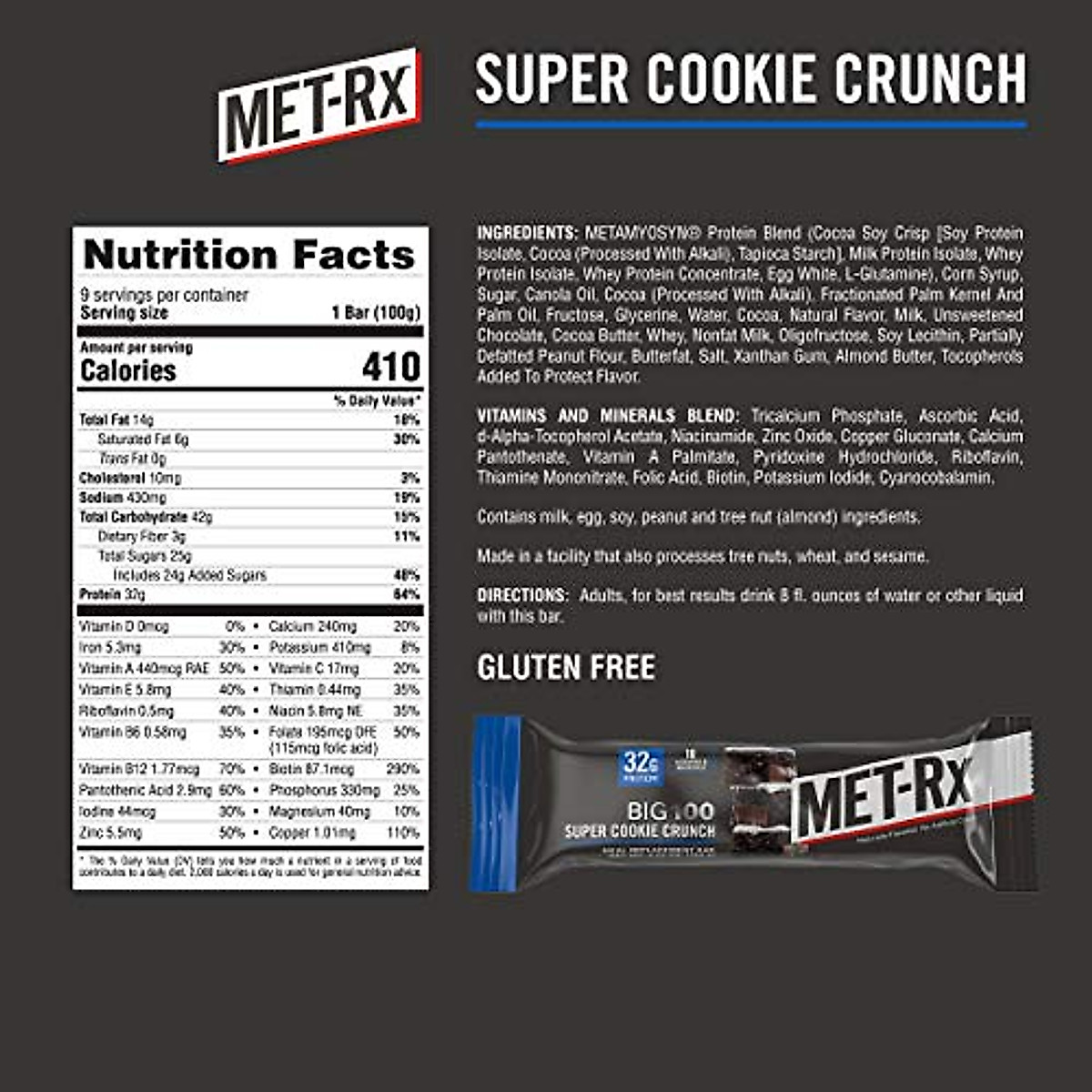 MET-Rx Big 100 Protein Bar, Meal Replacement Bar, 32G Protein, Super Cookie Crunch, 9 Bars (Pack of 1)