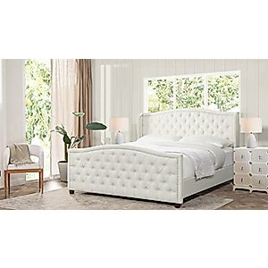 Jennifer Taylor Home Marcella Upholstered Shelter Headboard Bed Set, King, Antique White Polyester