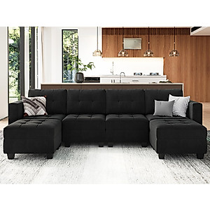 Belffin Modern U Shaped Modular Sectional Sofa with Storage Seats, 6 Seats Sleeper Couch with Reversible Chaise, Modular Oversized Sectional with Ottomans, Black