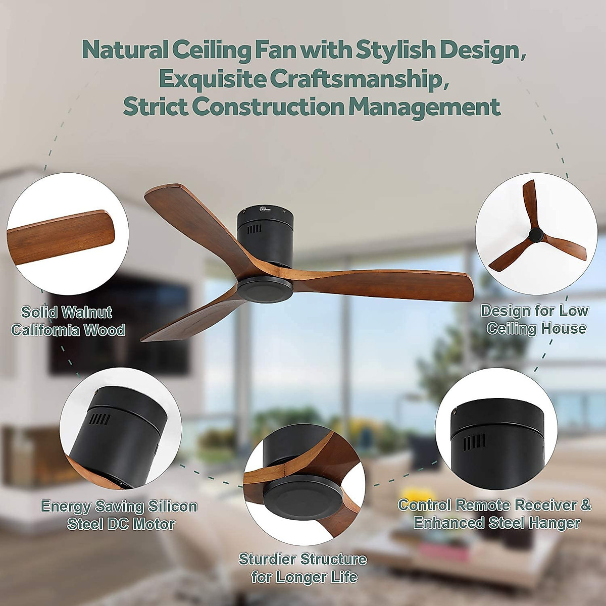 Sofucor 52" Flush Mount Ceiling Fan no Light and Remote Control, Indoor Outdoor Ceiling Fans Without Light, Quiet Energy Saving with 6 Speeds, Timer, Brown