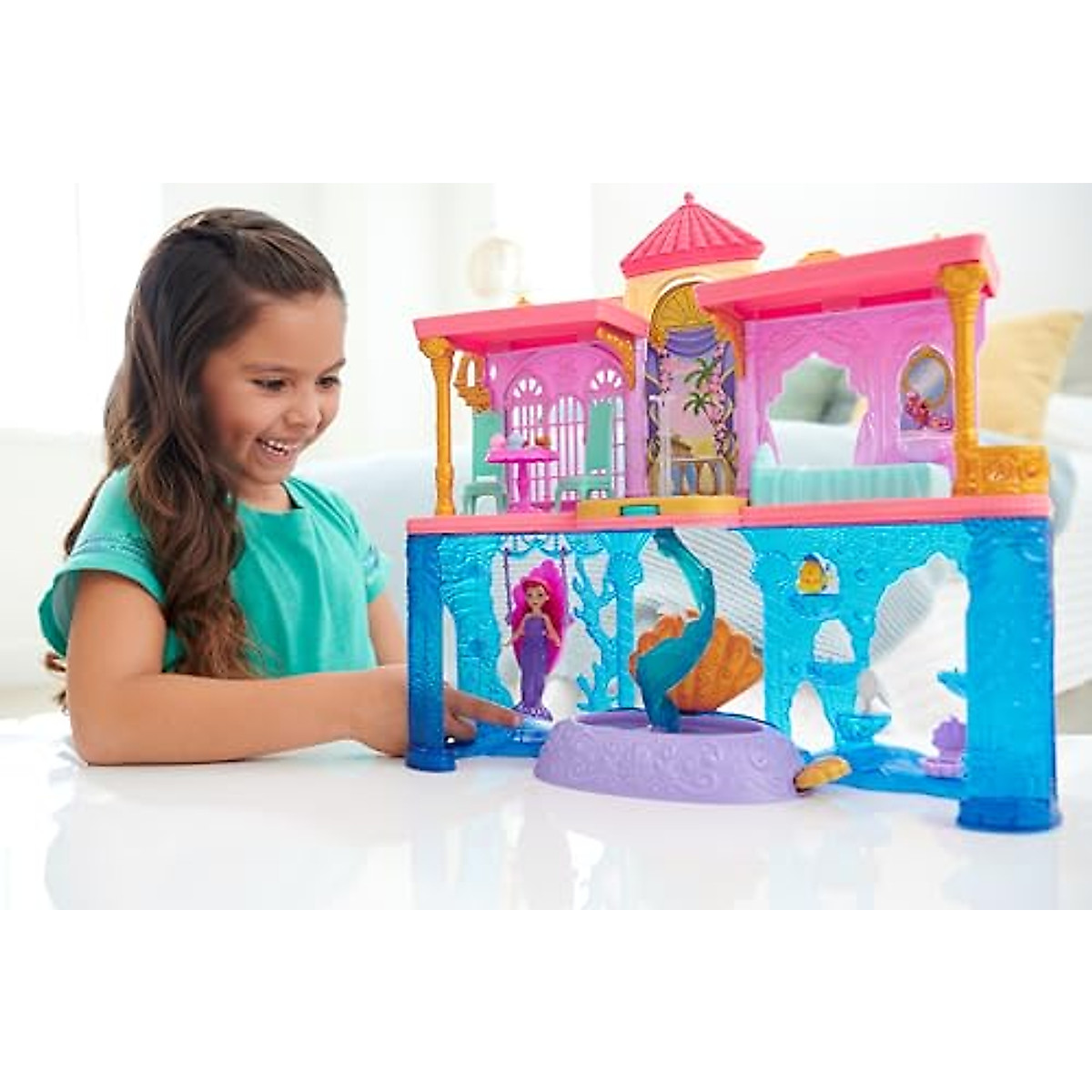 Mattel Disney Princess The Little Mermaid Toys, Ariel Doll House Stackable Castle with Land & Sea Levels, Small Doll, 1 Friend, 12 Pieces, Pool