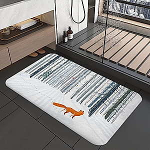 JAWO Winter Christmas Bath Mat Snow Covered Pine Trees Winter Season Animal Red Fox and Cardinals Idyllic Seasonal Scenery Bathroom Decor Bath Rug Non Slip Soft Rugs 29 x 17 Inches