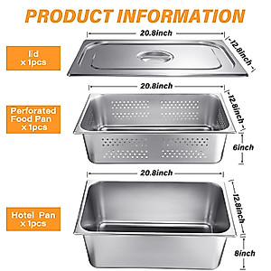 Ferraycle 3 Pack Full Size 6 Inch, 8 Inch Hotel Pan with Lid Set Include Pan Perforated Steam Pan Steam Table Pan Cover Restaurant Supplies for Kitchen, Steam Table Tray for Food Warmer