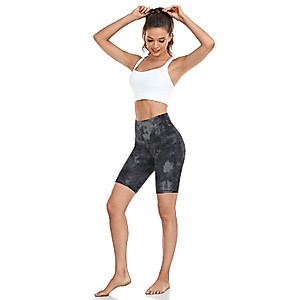 HeyNuts High Waisted Biker Shorts with Pockets for Women, Workout Compression Yoga Leggings Cycling Shorts 8'' Diamond Dye Coal Black M(8/10)
