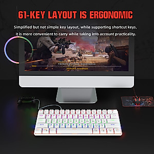 Snpurdiri Wired 60% Mechanical Gaming Keyboard, Blue Switch Anti-Ghosting 61 Key Keyboard with RGB Backlit and Double Foot, Ultra-Compact White
