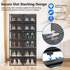 Fkprorjv Large Shoe Storage Box Organizer for Closet, 12 Pack Space Saving Versatile Clear Plastic Stackable Sneaker Shoe Rack Containers Bins Holders, Portable Closet Organizers and Storage, Black