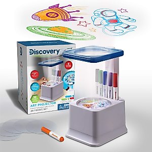 Discovery Kids Art Projector with Six Dry Erase Markers and 10 Reusable Drawing Discs, Draw on Reusable Transparent Sheets, Magnify and Project Art onto Ceilings, Walls, and More