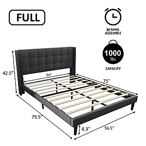 Sismplly Full Size Platform Bed Frame with Upholstered Wingback Headboard, Wooden Slats Support, No Box Spring Needed, Easy Assembly, Dark Grey