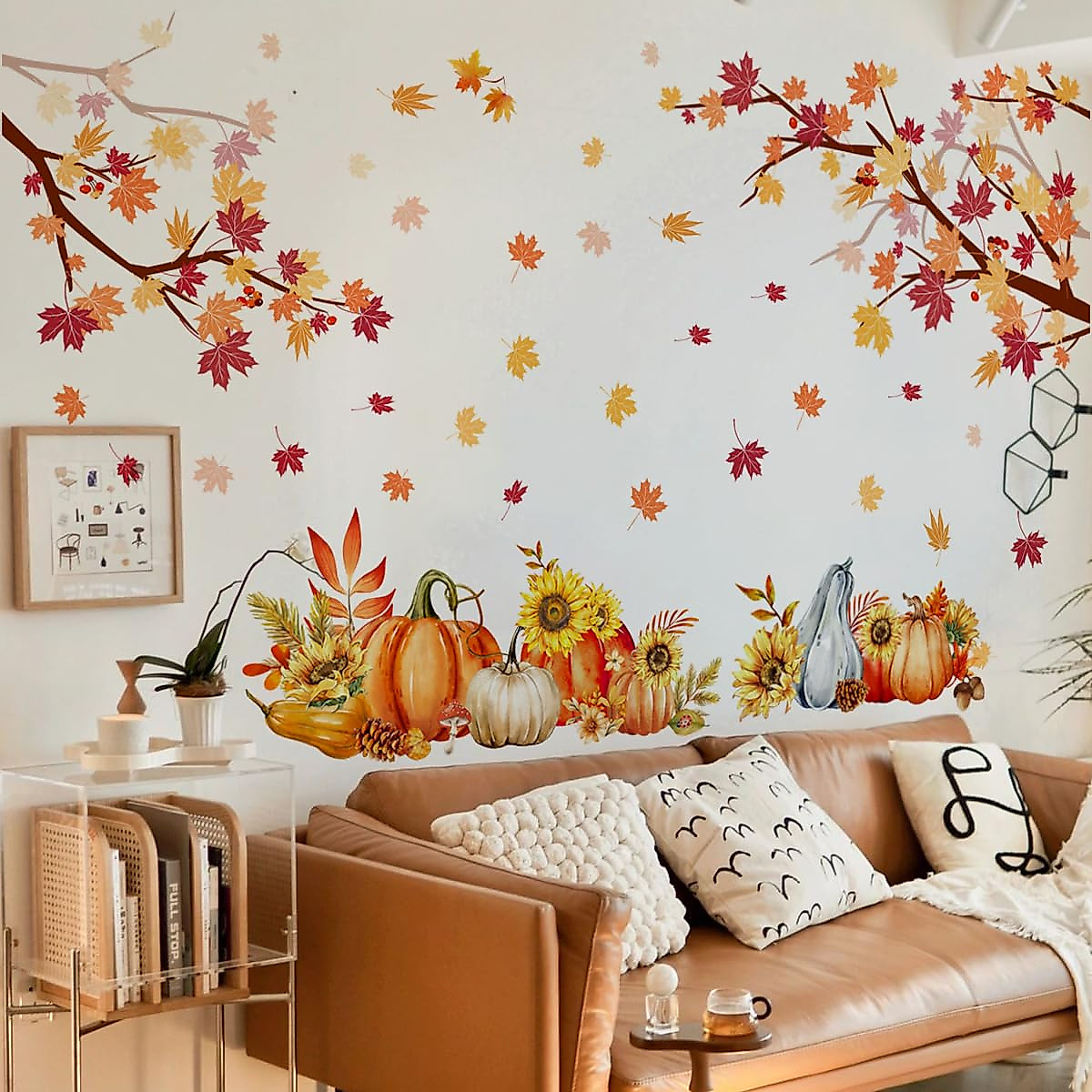 Autumn Fall Leaves Wall Decal Maple Tree Wall Decal DIY Branch Wall Stickers Removable Yellow Leaf Wall Decal for Autumn Holidays Home Classroom Birthday Thanksgiving Harvest Party Decoration
