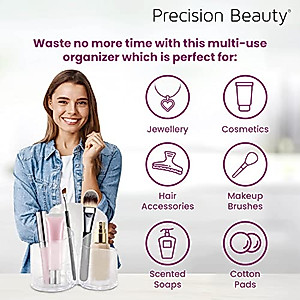 Bathroom Vanity Organizer by Precision Beauty | Countertop Cabinet Bathroom Storage Unit | Brush Toothbrush Toiletries Dispenser Clear Plastic