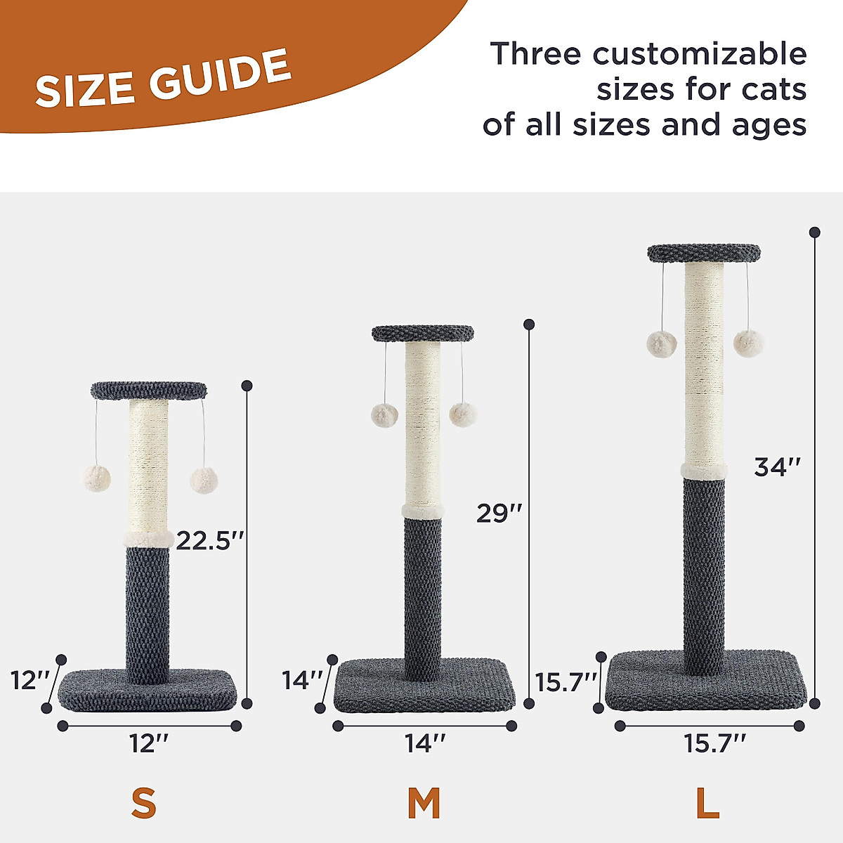 Lesure 34" Tall Cat Scratching Post - Highly Resistant Carpet Scratch Post, Premium Sisal Rope Scratch Posts Kitten and Adult Cats, Sturdy Large Scratch Pole with Hanging Ball, Grey