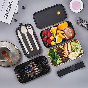 American Flag Firework Premium Bento Lunch Box, 2 Compartments Leakproof Lunch Box With Cutlery For Adults, Microwave & Dishwasher Safe
